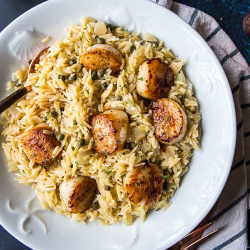 Pan Seared Scallops with Orzo Piccata - The Beach House Kitchen