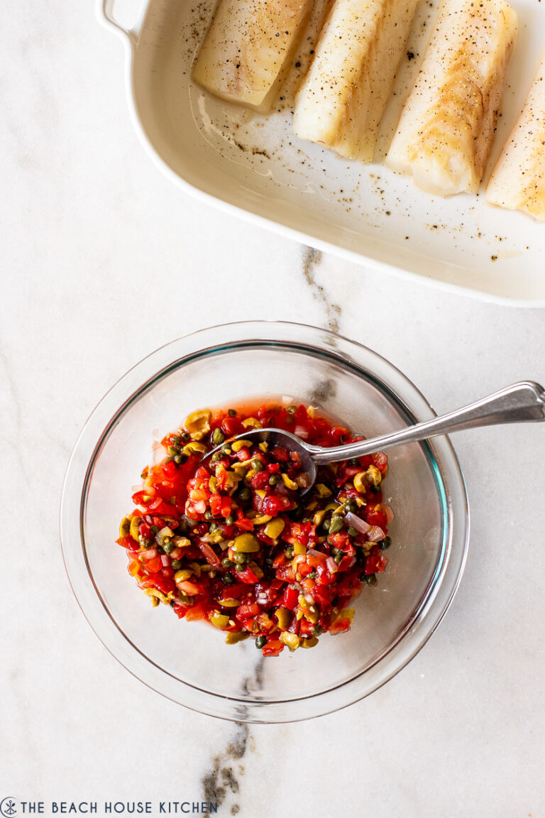 Baked Cod with Pico de Gallo and Olives - The Beach House Kitchen
